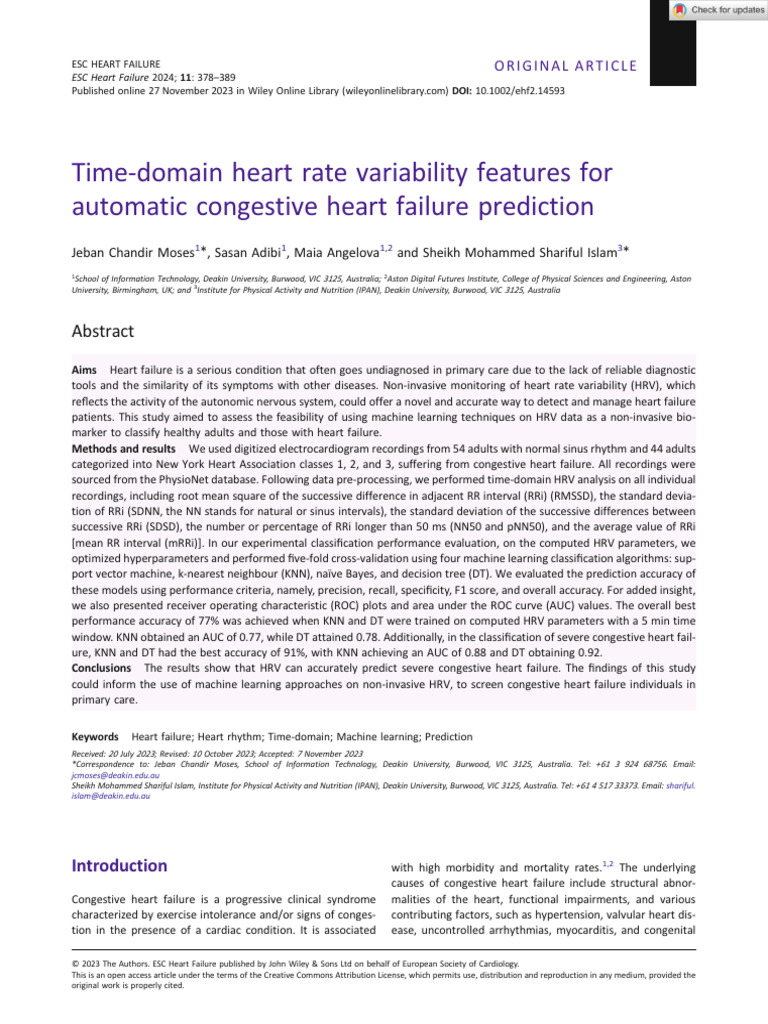 ESC Heart Failure - 2023 - Moses - Time Domain Heart Rate Variability Features For Automatic ...