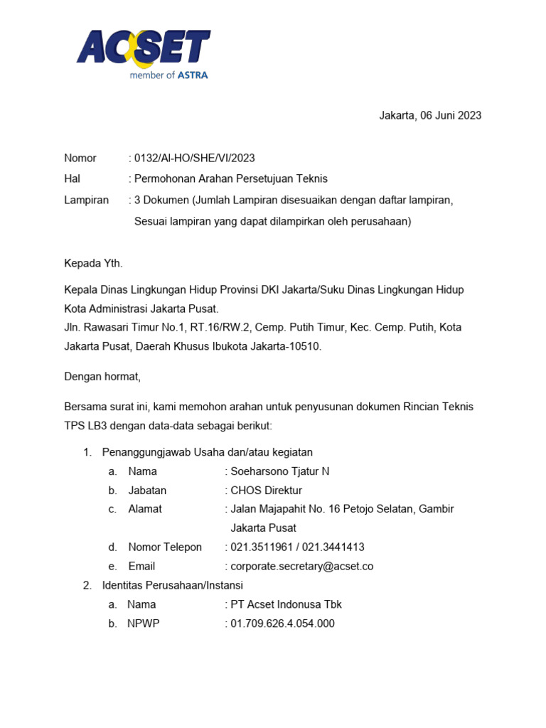 Surat Arahan Rintek Tps Lb3 - PT Acset | PDF