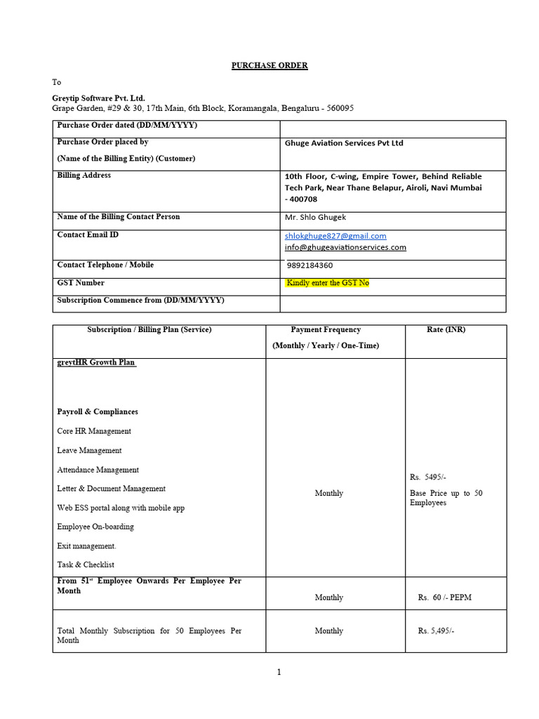 PO Template - greytHR For Ghuge Aviation Services PVT LTD | PDF | Invoice | Subscription ...