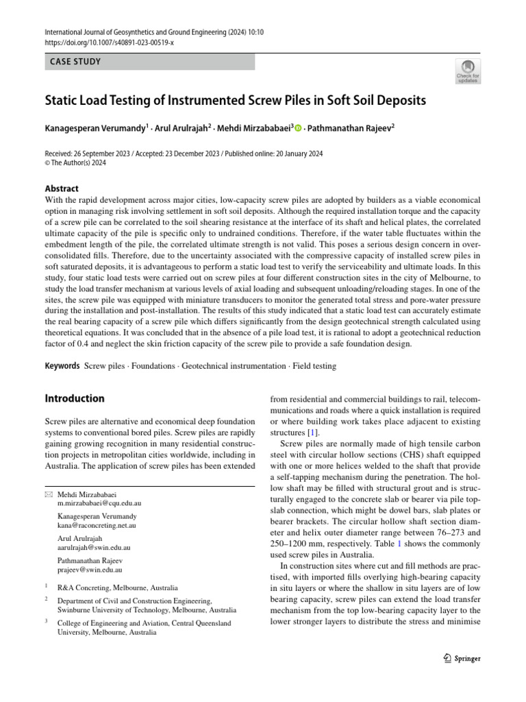 Static Load Testing of Instrumented Screw Piles in Soft Soil Deposits ...