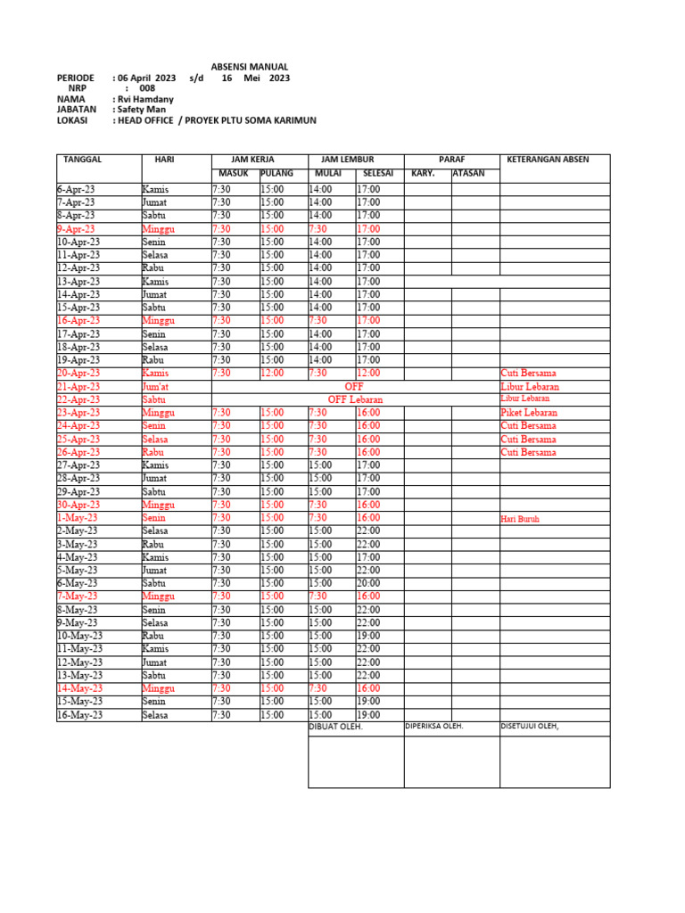 Form Absensi Manual TEGAP Dani 6 Apr SD 16 Mei 2023 | PDF