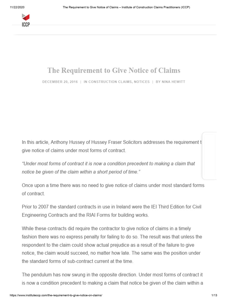 The Requirement To Give Notice of Claims - Institute of Construction ...