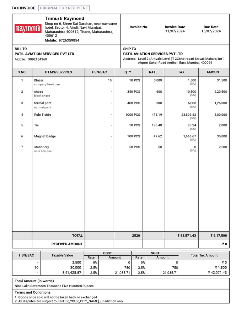 Patil Aviation Services PVT LTD Sales Invoice 1 | PDF | Economies | Taxes