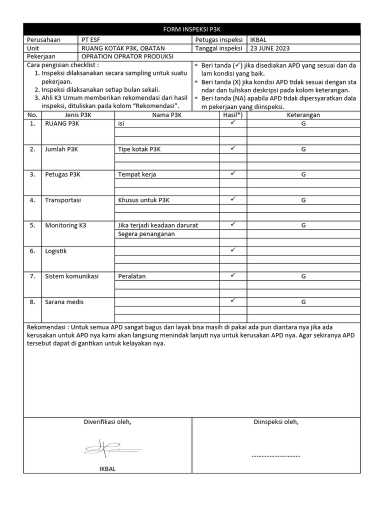 Form Inspeksi P3K | PDF