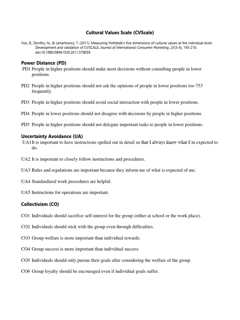 Cultural Values Scale: Hofstede's Dimensions | PDF | Social Psychology