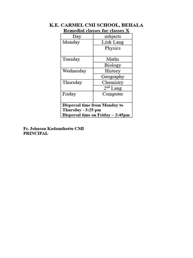 K.E. Carmel School Remedial Classes X | PDF