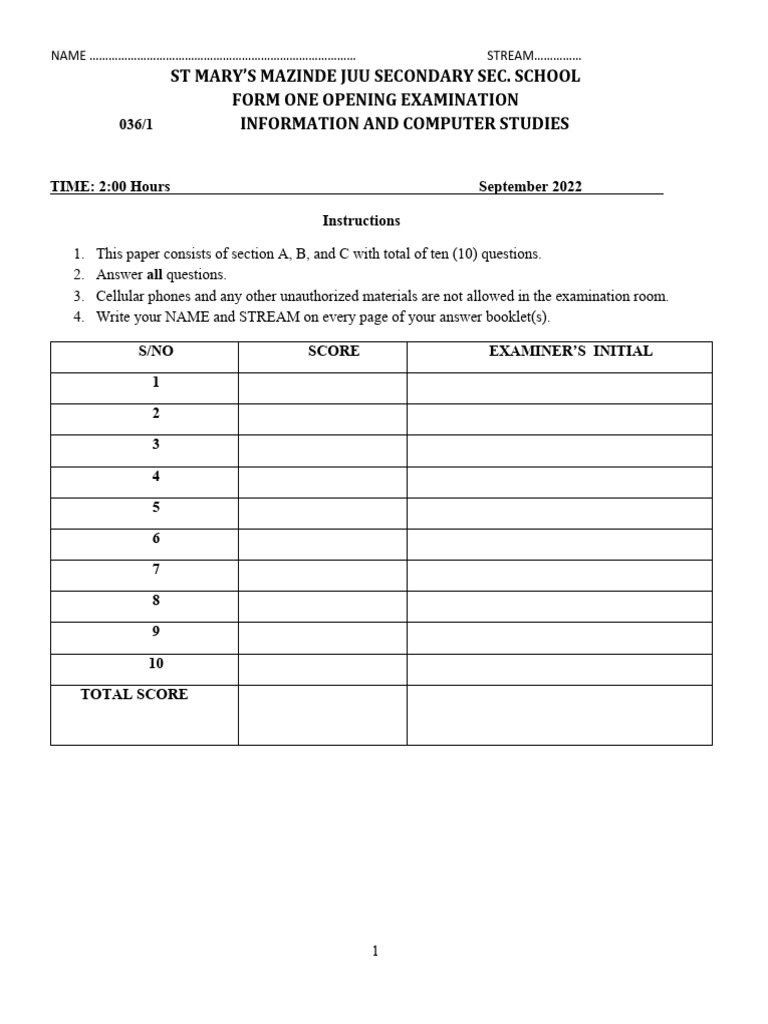 Form One Computer Studies Exam 2022 | PDF | Digital Technology | Software