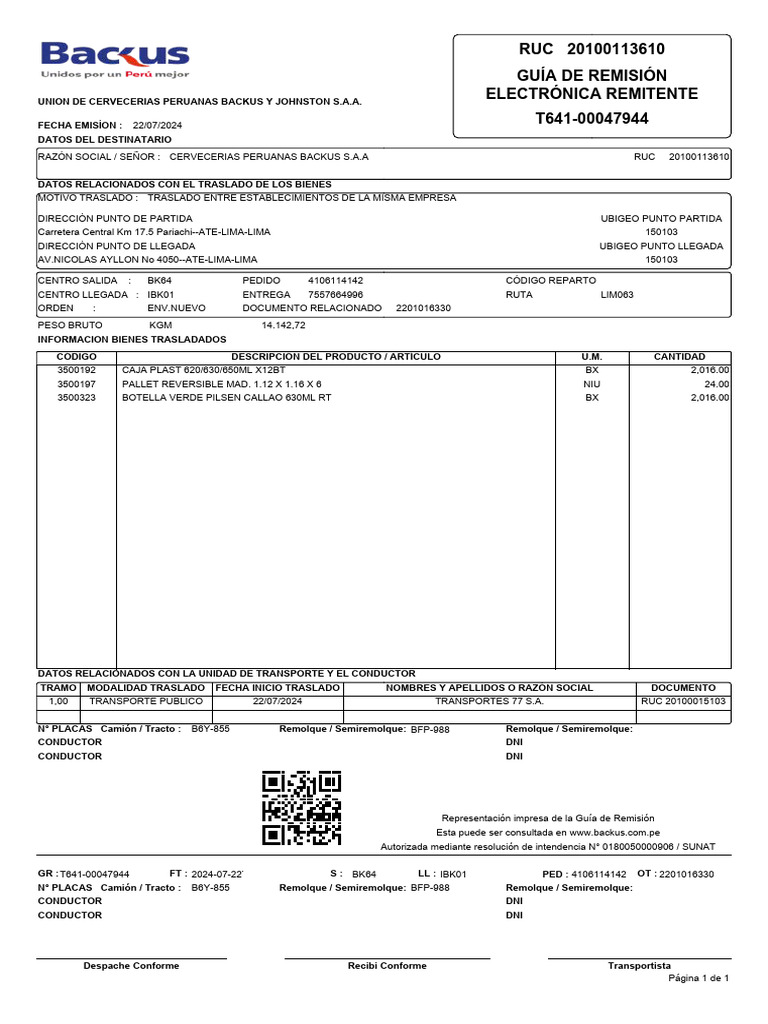 Guía de Remisión Electrónica Remitente T641-00047944 RUC 20100113610 | PDF