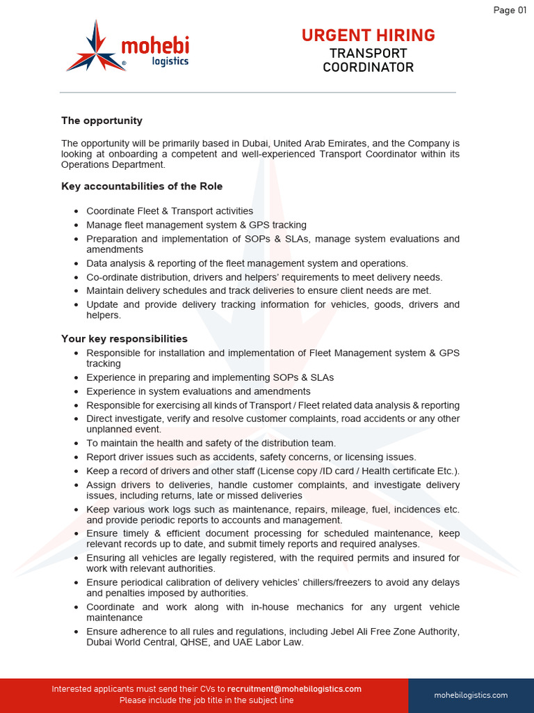 Hiring For Transport Coordinator | PDF | Logistics | Business
