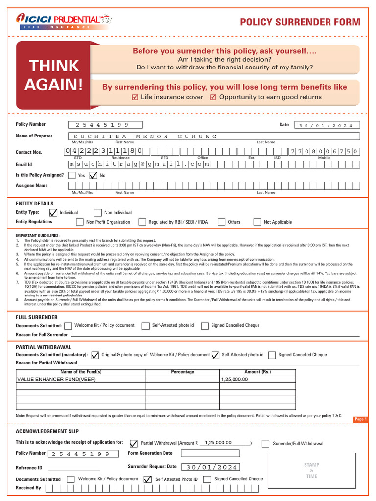 Surrender Form New | PDF