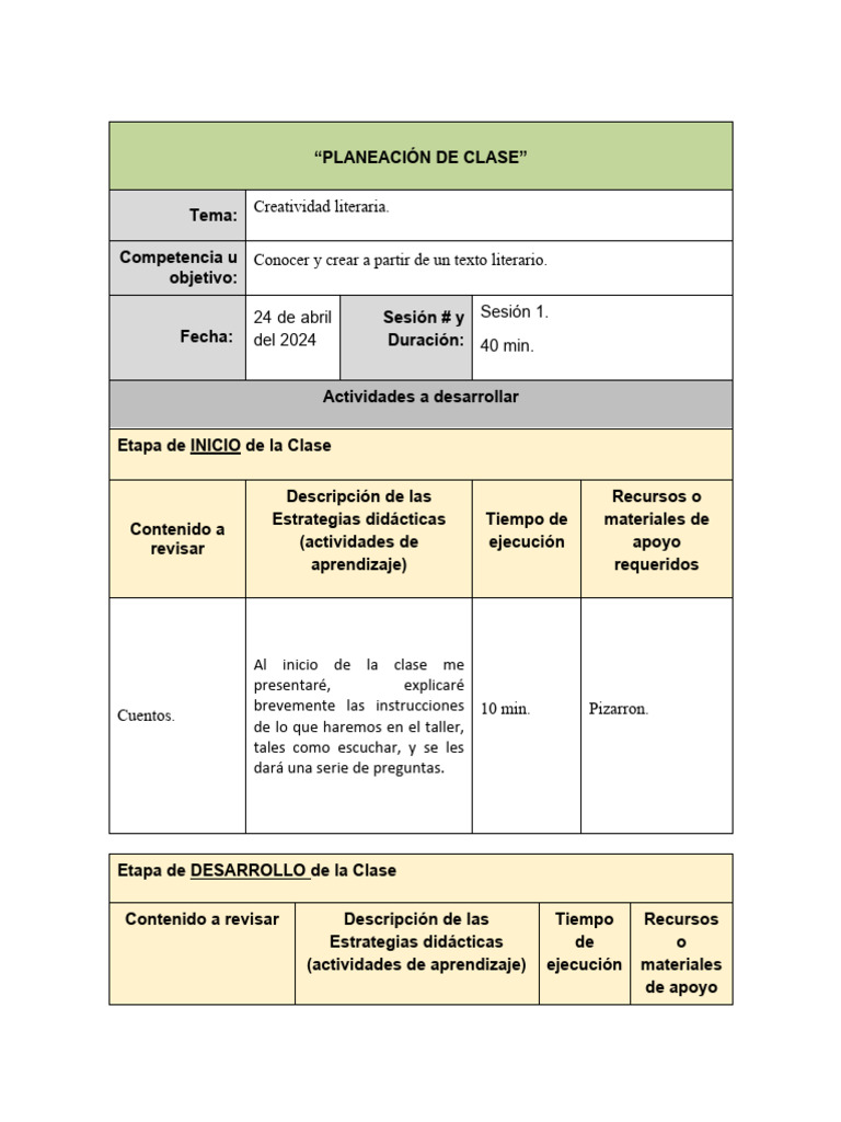PLANEACIÓN DE CLASE en Blanco | PDF | Evaluación | Cognición