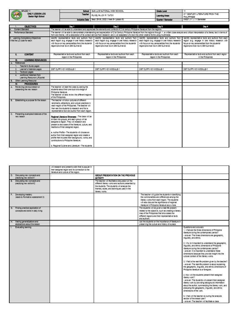 DLL - 21ST Century Lit.-Q1 W6 | PDF | Teachers | Learning