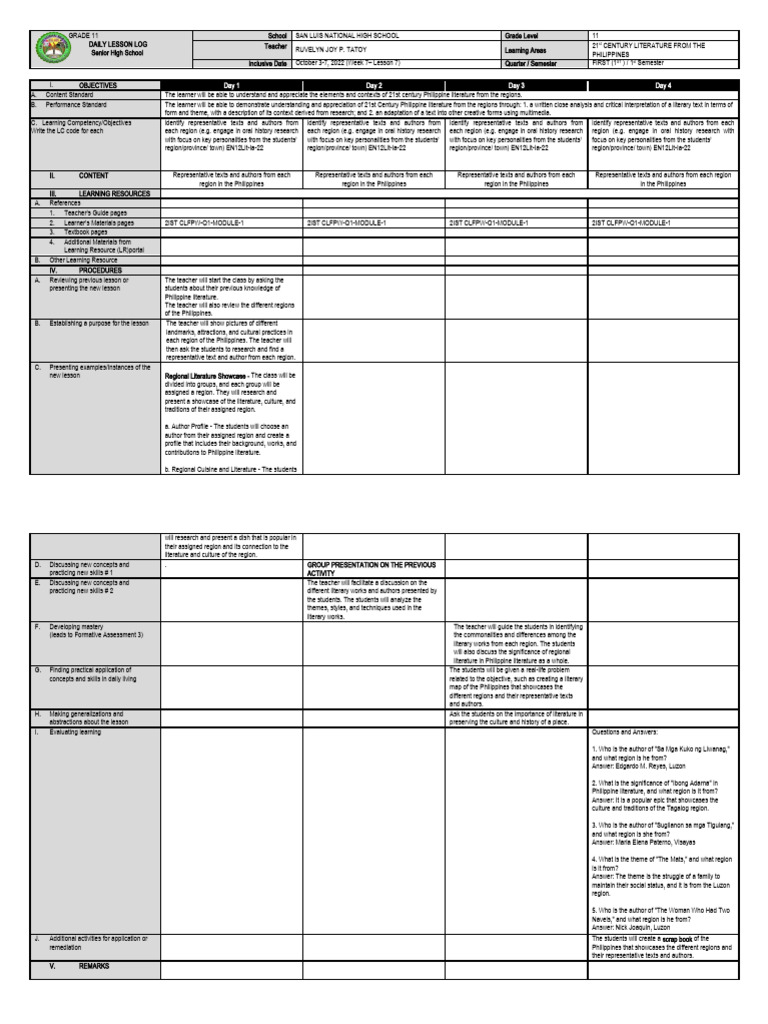 DLL - 21ST Century Lit.-Q1 W7 | PDF | Teachers | Learning DLL - 21ST Century Lit.-Q1 W7 | PDF | Teachers | Learning