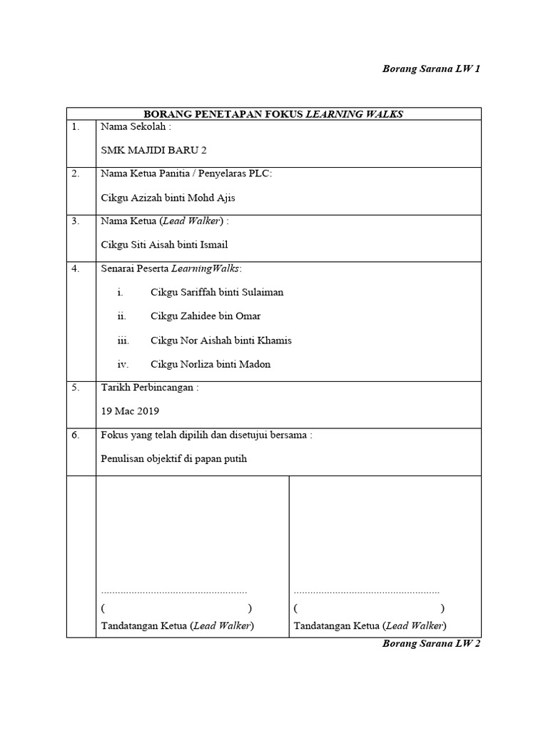 Borang Learning Walks | PDF