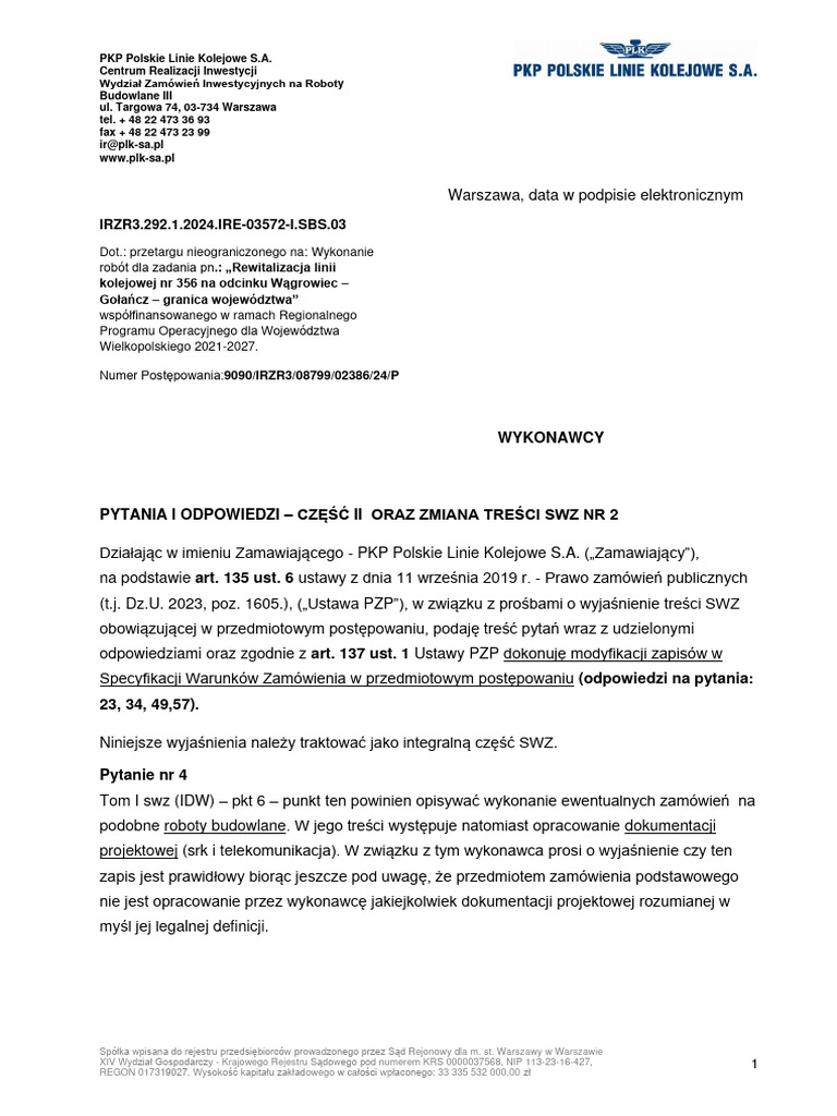 Pytania I Odpowiedzi Cz. II I Zmiana Treści SWZ NR 2 | PDF