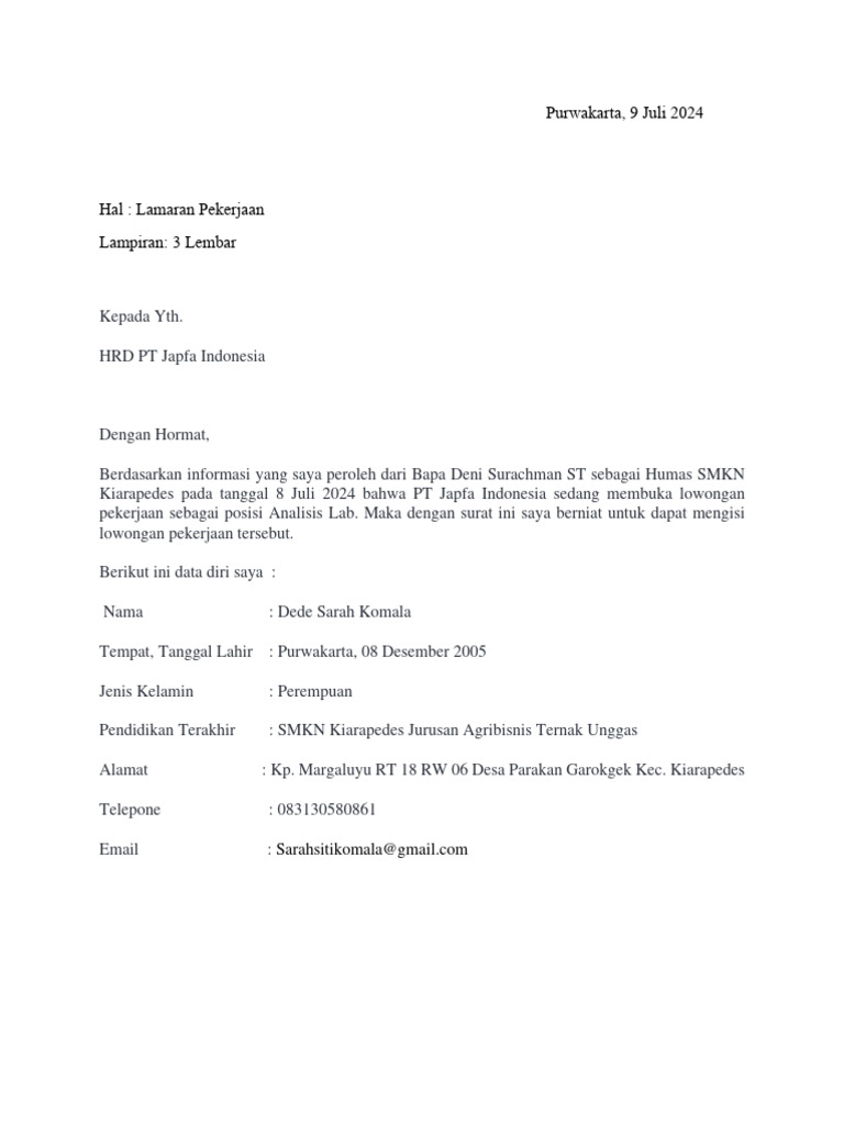 Surat Lamaran PT Japfa Analisis Lab Dede Sarah | PDF