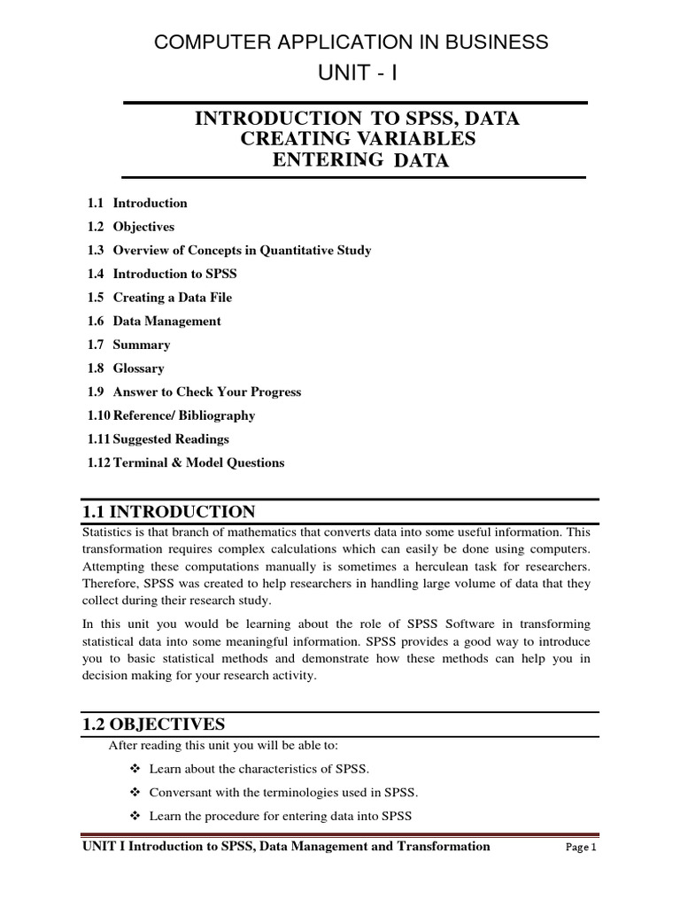 UNIT - I SPSS... Computer Application in Business For | PDF | Spss | Quantitative Research