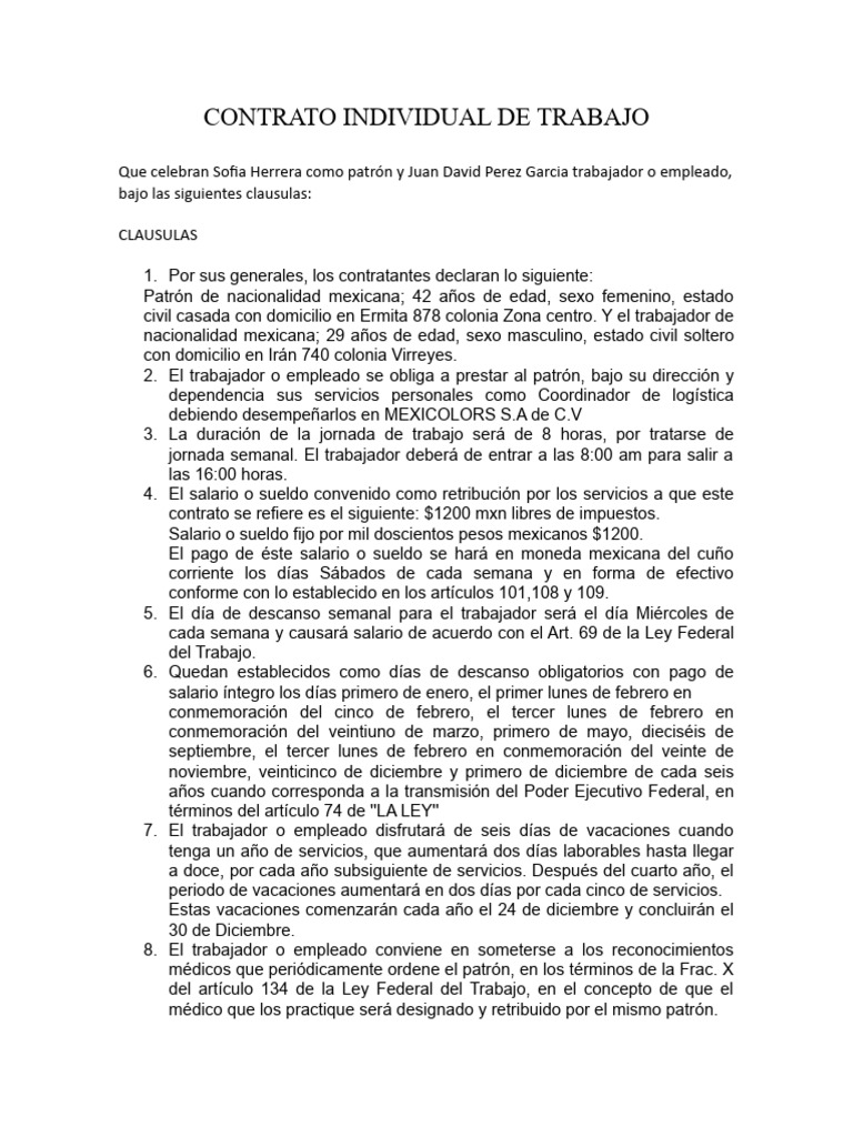 Contrato Individual de Trabajo | PDF | Salario