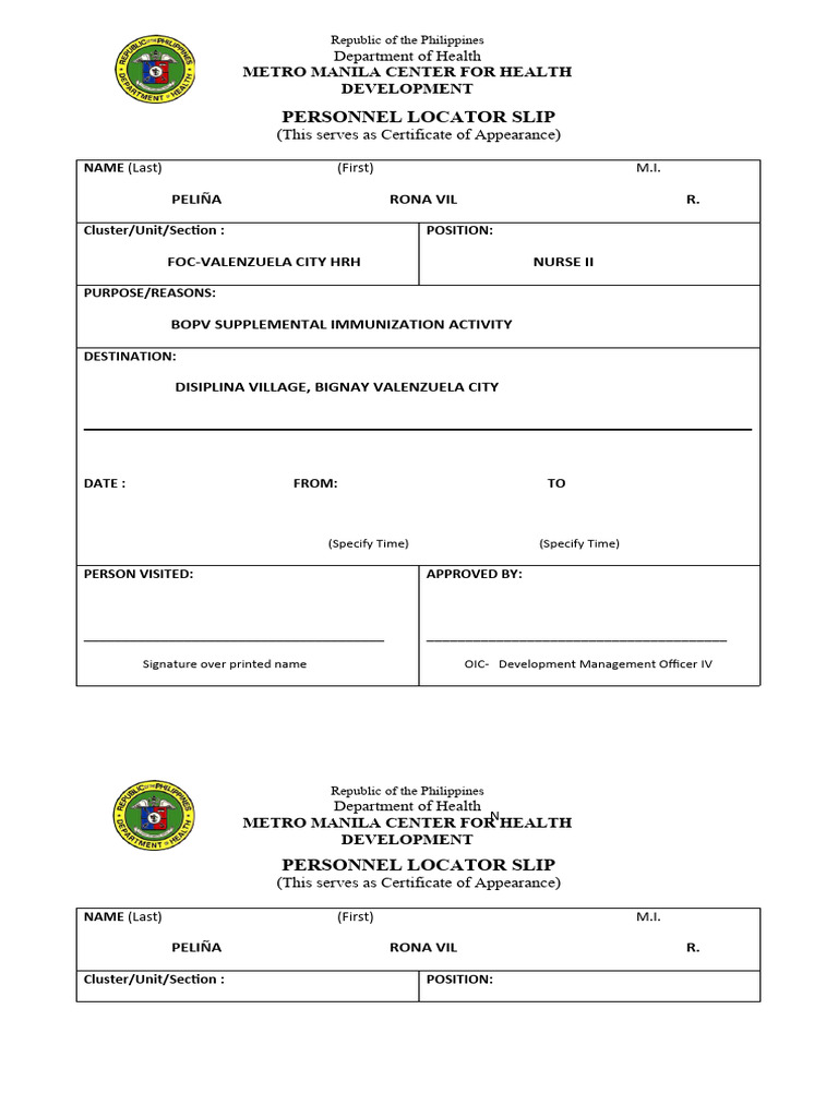 Personnel Locator Slip for Immunization | PDF | Health Policy | Health Care