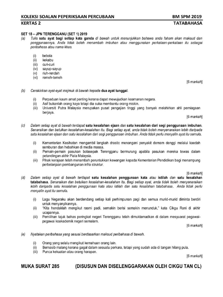 (KERTAS 2) (SOALAN + SKEMA) TATABAHASA (PERCUBAAN SPM 2019 SE-MALAYSIA) - Membalik Buku Halaman ...