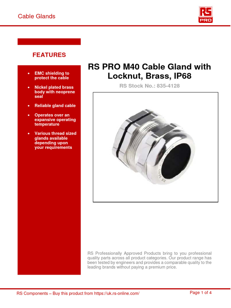 RS PRO M40 Cable Gland With Locknut, Brass, IP68: Features | PDF ...