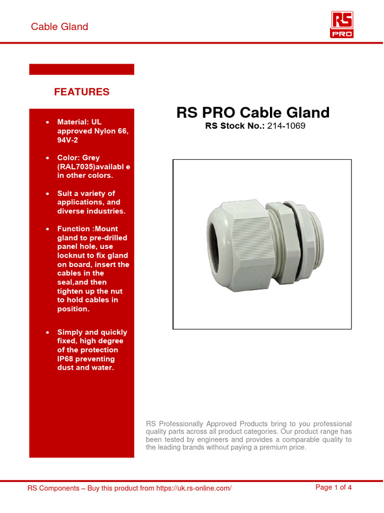 RS PRO Cable Gland: Features | PDF | Nut (Hardware)