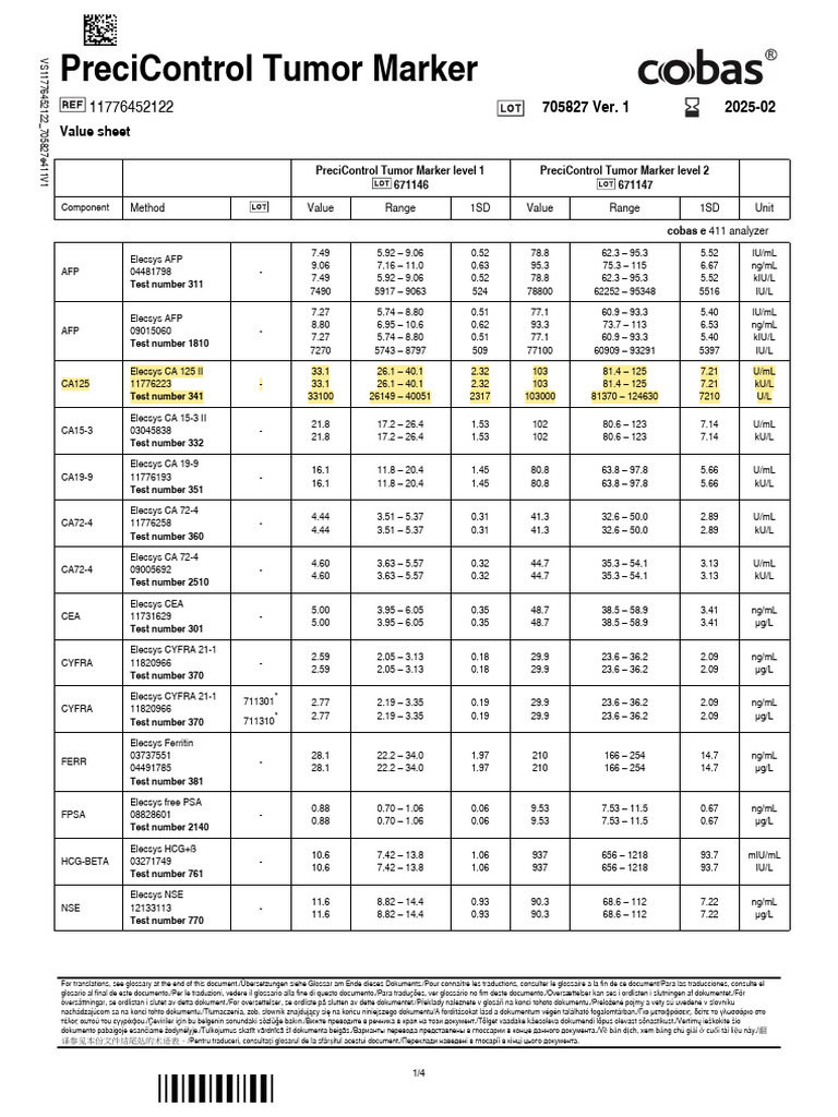 Value Sheet - PreciControl Tumor Marker.11776452122.Lot-705827.Exp-2025 ...