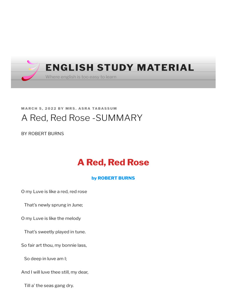 A Red, Red Rose - SUMMARY - English Study Material101747 | PDF | Love