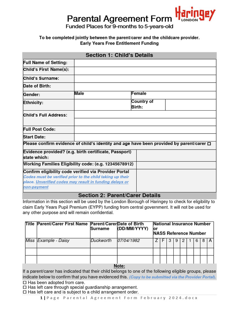 Parental Agreement Form February 2024 | PDF | Child Care | Parent