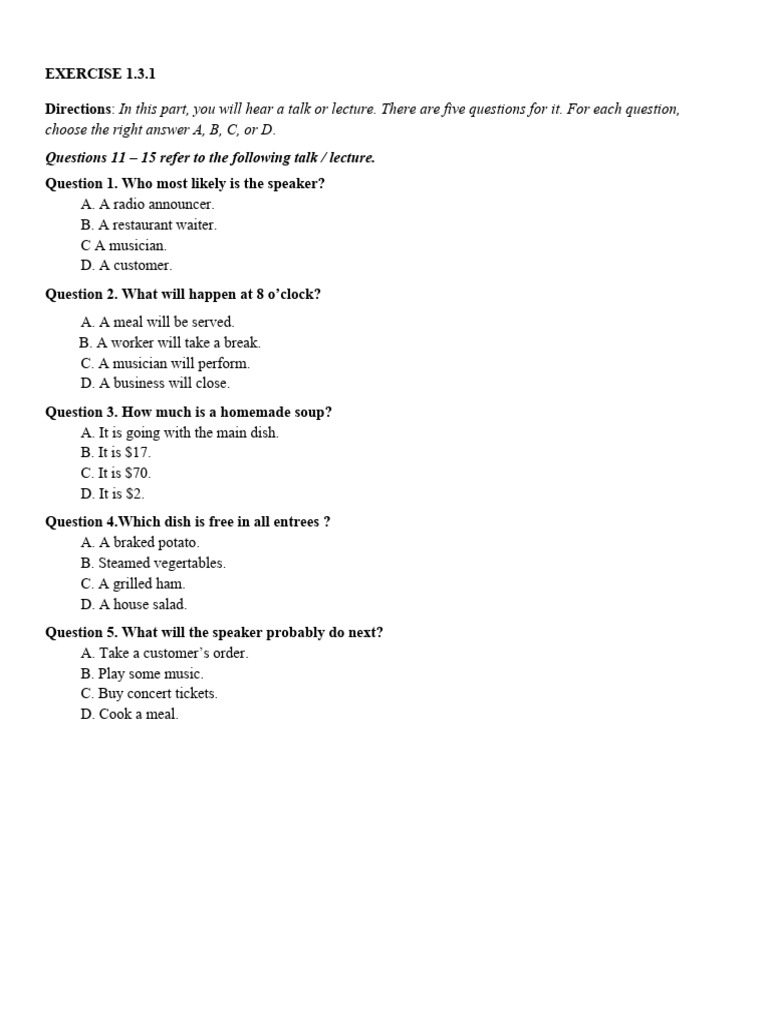 Exercise 1.3.1 Questions | PDF