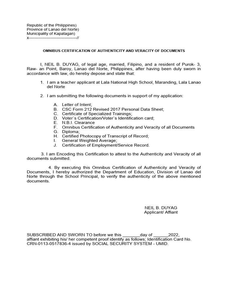 Omnibus Certification for Teacher Application | PDF | Access Control ...