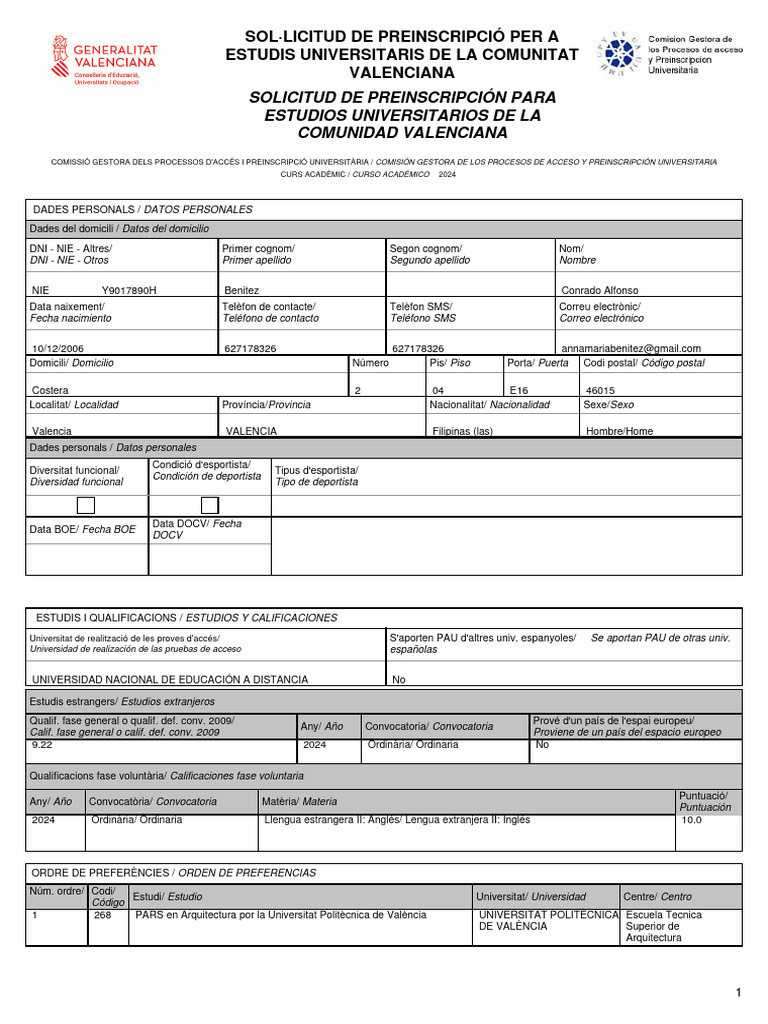 Pre-Inscription Solicitud of Fonzie for Public Universities in Valencia | PDF