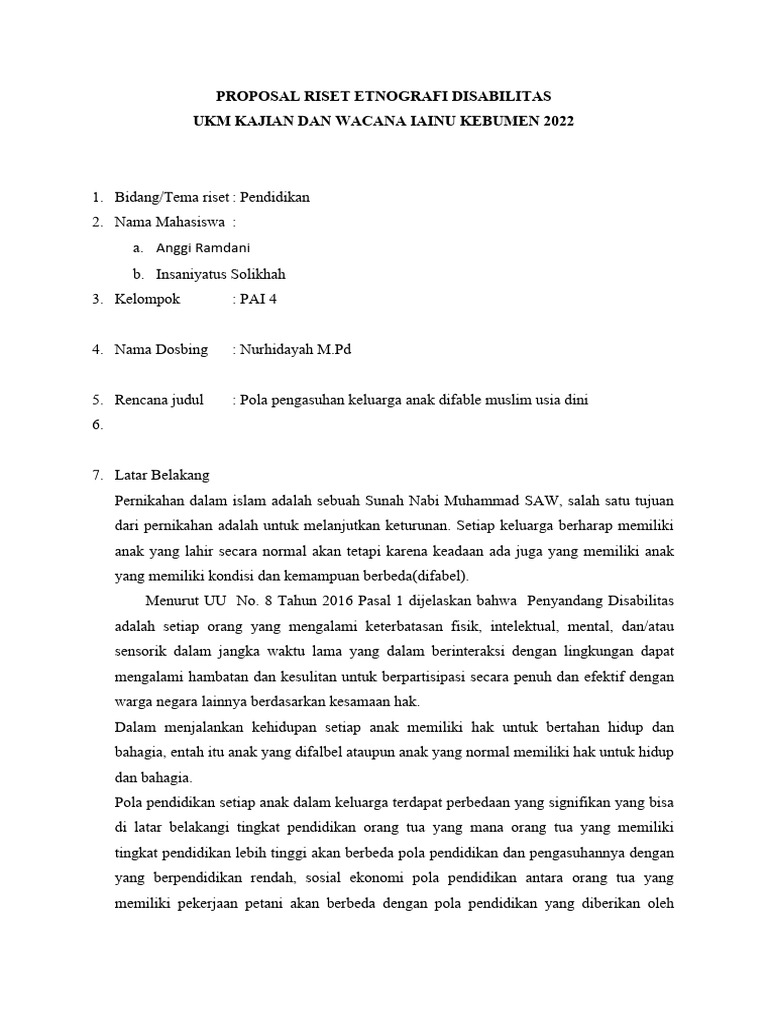 PROPOSAL RISET ETNOGRAFI DISABILITAS | PDF