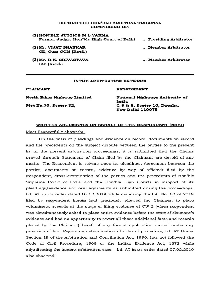 NHAI Arbitration Written Arguments | PDF | Depreciation | Interest