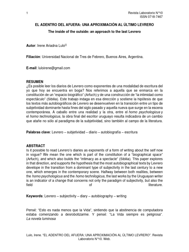 Subjetividad en los Diarios de Levrero | PDF | Novelas | Autor