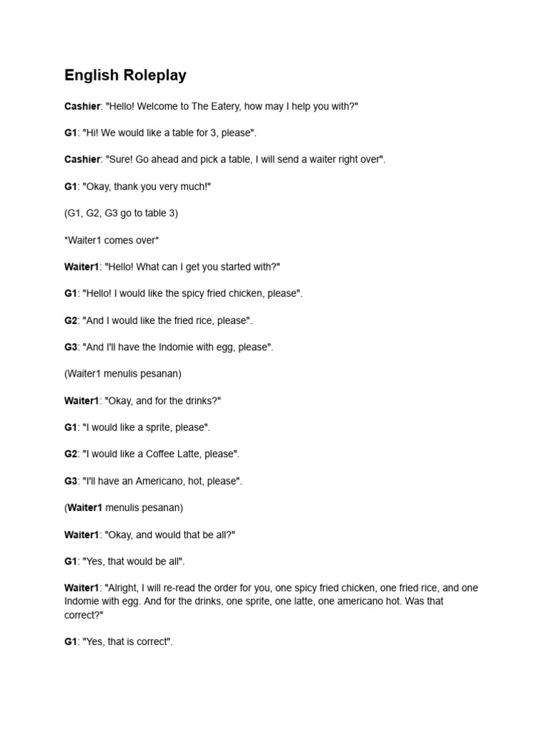 English Roleplay (GHS) New | PDF | Drink | Foods
