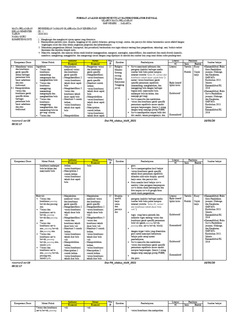 Silabus Mapel Pjok Kls 9 - 1920 - smt1 | PDF