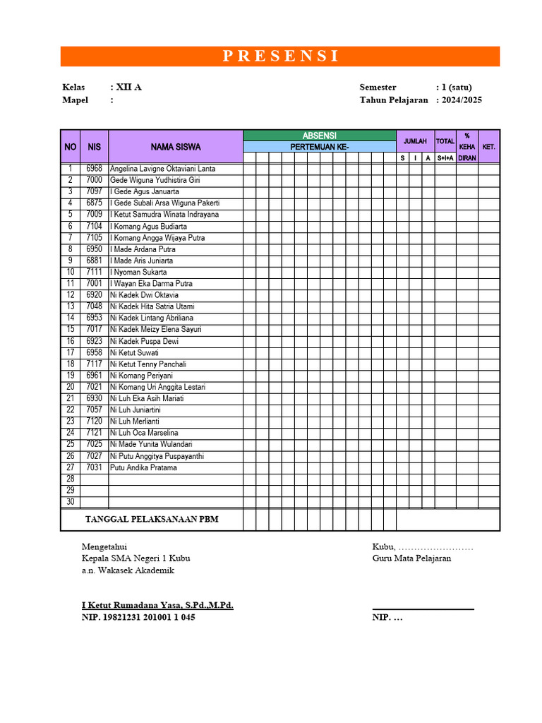 Absensi Guru KLS Xii (2024 - 2025) | PDF