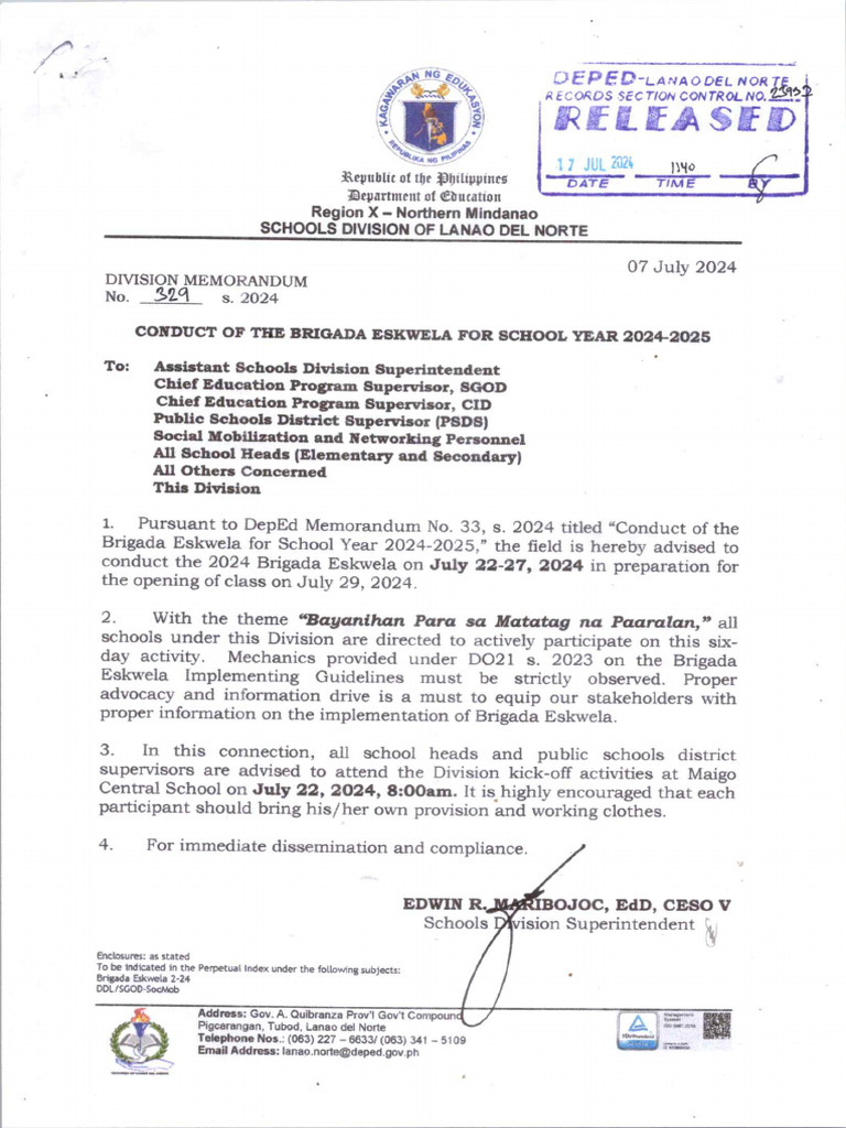Conduct of The Brigada Eskwela For School Year 2024-2025 | PDF