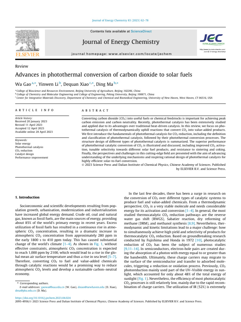 Advances in Photothermal Conversion of Carbon Dioxi - 2023 - Journal of ...