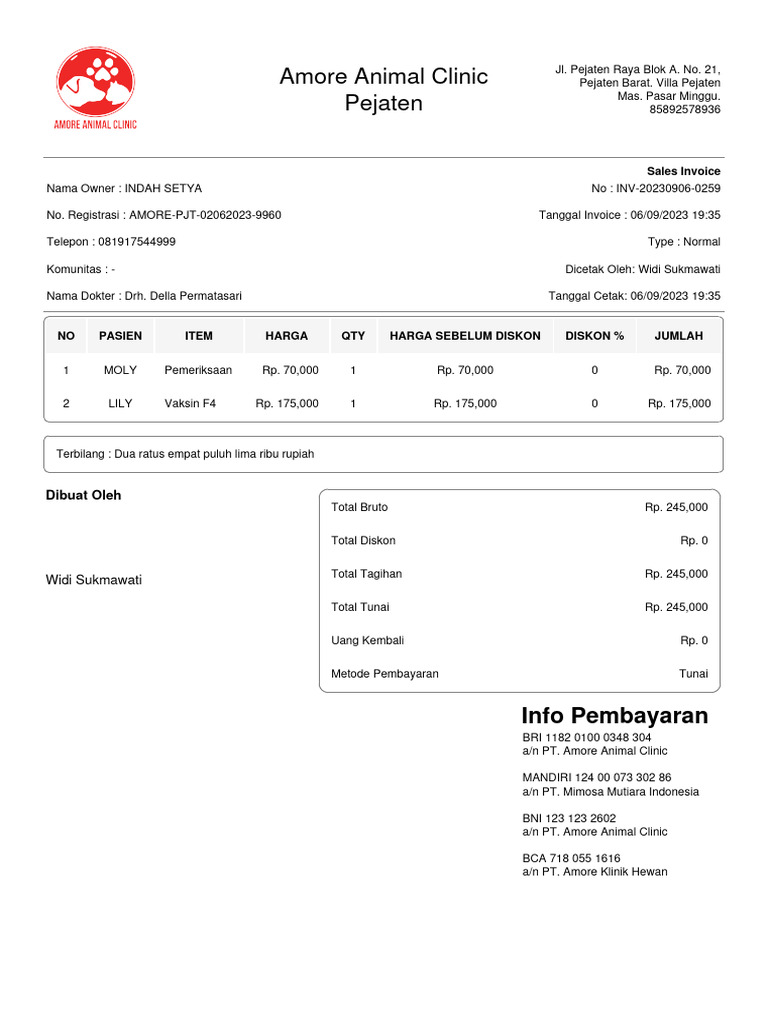 Invoice Klinik Hewan Amore Pejaten | PDF