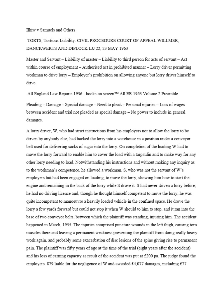 Ilkiw V Samuels and Others | PDF | Negligence | Legal Liability