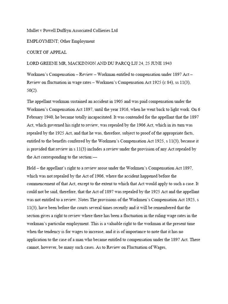 Mullet V Powell Duffryn Associated Collieries LTD | PDF | Appeal ...