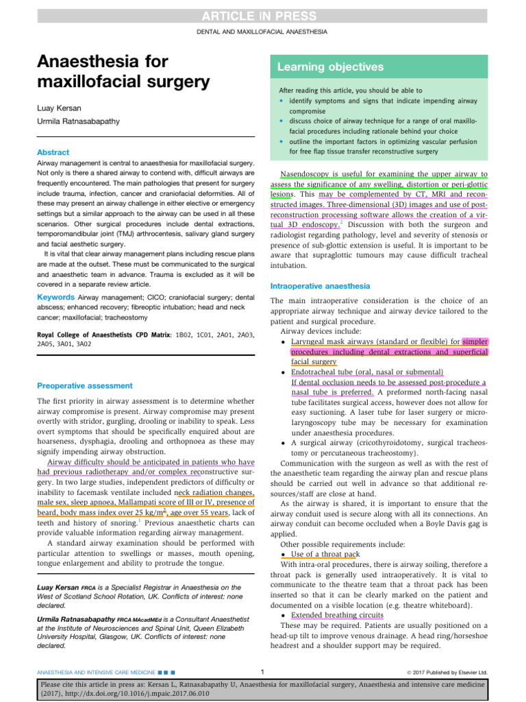 Anaesthesia For OMF Surgery | PDF | Surgery | Anesthesia