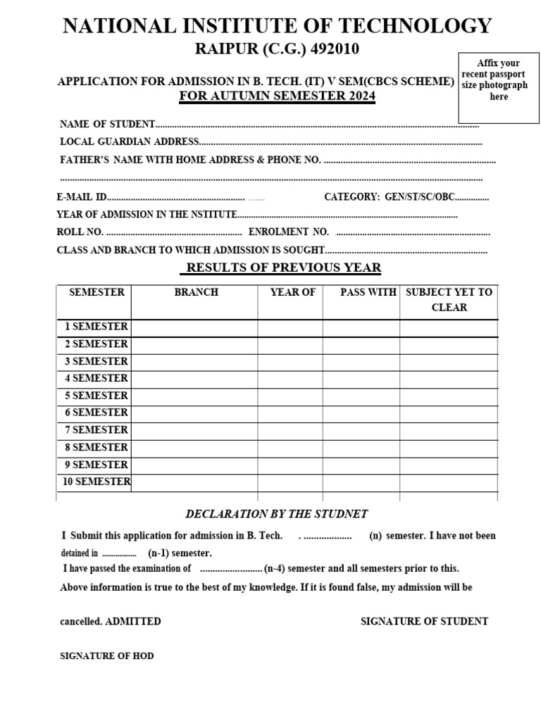 Admission - Form-AUTUMN 2024 - B.Tech IV SEMESTER | PDF