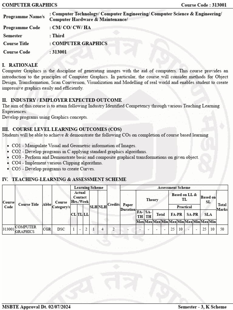 Computer Graphics Course Syllabus 313001 | PDF | Computing | Graphics