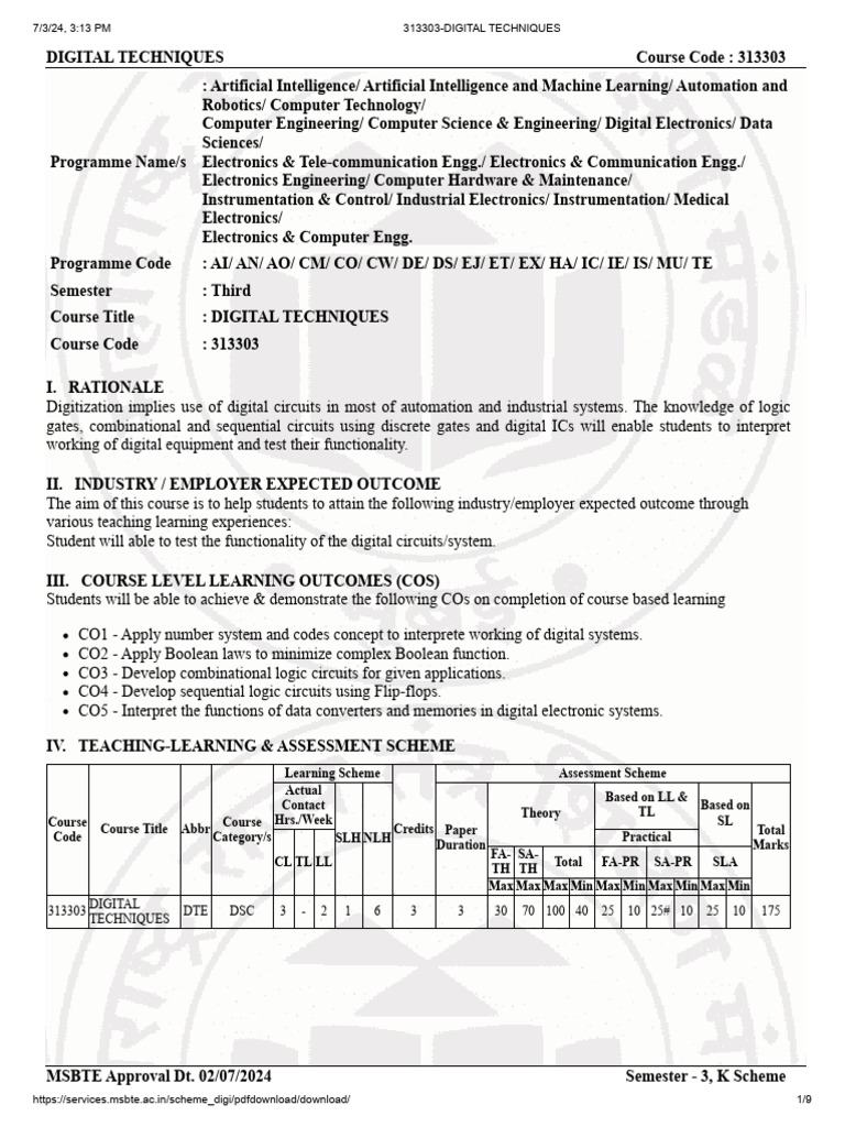 313303-Digital Techniques 030724 | PDF | Logic Gate | Digital Electronics