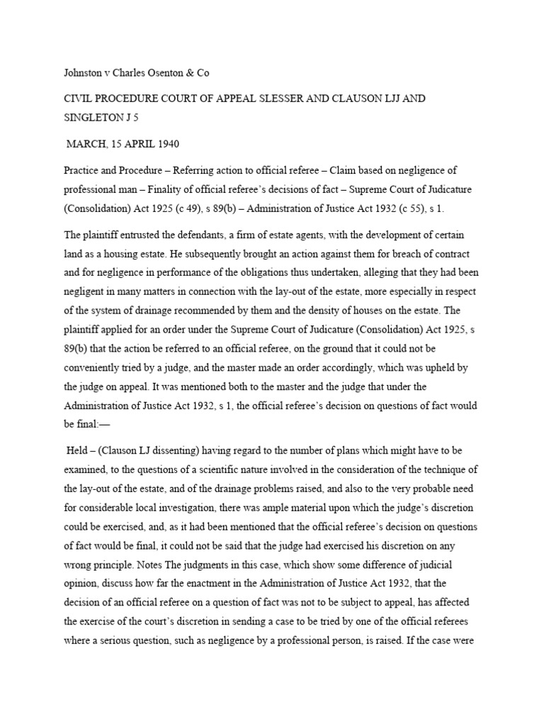 Johnston v Osenton: Negligence Appeal Case | PDF | Appeal | Judge
