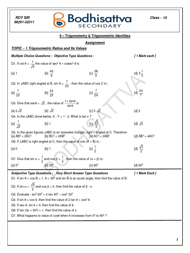 CH - 9 Trigonometry - Trigonometric Identities 01 | PDF | Triangle ...