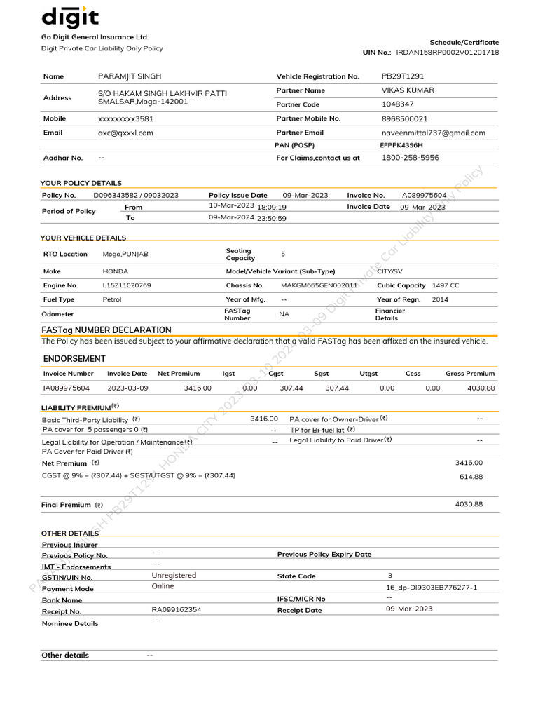 Honda City Insurance | PDF | Insurance | Liability Insurance
